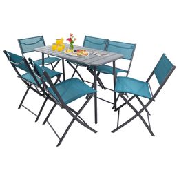 Vcm 7-teilig Balkonm&ouml;bel Set, Gartentisch 110x55 cm mit 6 Klappst&uuml;hlen, Metall & Textilene, wetterbest&auml;ndig, platzsparend f&uuml;r Balkon & Terrasse, Sumila