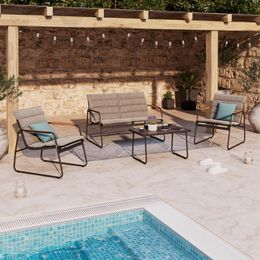 Ambia Garden Gartenset, Anthrazit, Grau, Teak, Metall, Kunststoff, 4-teilig, Uni, F&uuml;llung: Polyester, Vlies, 115x75.5x74 cm, wetterfest, Tisch mit Glasplatte, geeignet f&uuml;r Balkon, Gartenm&ouml;bel, Gartenm&ouml;bel-Sets