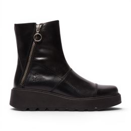 Fly London Damen Schwarze Leder-Rei&szlig;verschluss-Plattform-Kn&ouml;chelstiefel &ndash; TARP553FLY