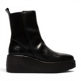 Fly London Damen Schwarze Leder-Keilfersen-Plattformstiefel &ndash; HEIJ272