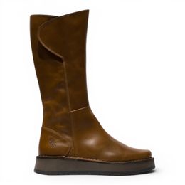 Fly London Damen beige Lederstiefel mit hohem Pull-On &ndash; RHEA042