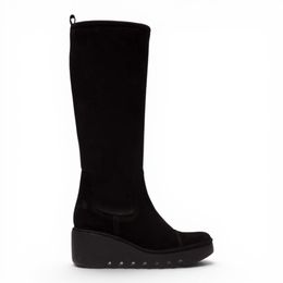 Fly London Damen-Schwarze Wildlederstiefel mit hohem Keilabsatz &ndash; BUDI603