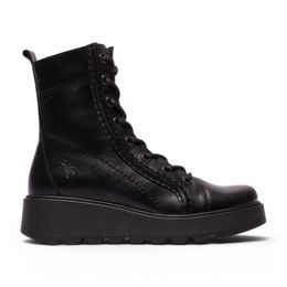 Fly London Damen Schwarze Leder-Schn&uuml;rstiefel mit Keilabsatz &ndash; TERY554