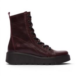 Fly London Womens Wine Leather Schn&uuml;rstiefel mit Keilabsatz &ndash; TERY554