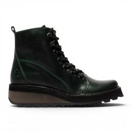Fly London Womens Green Leather Schn&uuml;rstiefel &ndash; HAZI147