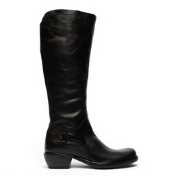 Fly London Damen Schwarze Leder-Reitstiefel mit hohen Abs&auml;tzen &ndash; MISTRY