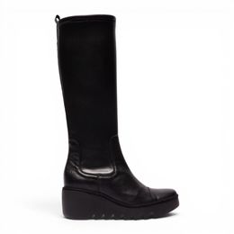 Fly London Damen Schwarze Lederstiefel mit hohem Keilabsatz &ndash; BUDI603