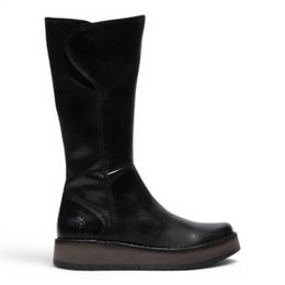Fly London Damen Schwarze Lederstiefel mit hohem Zug &ndash; RHEA042