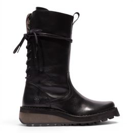 Fly London Damen-Schwarze Lederstiefel bis zur Mitte der Wade &ndash; HEIG229