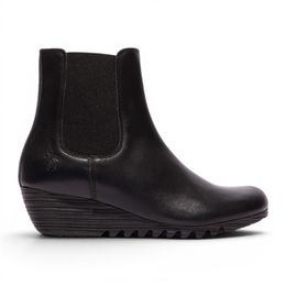 Fly London Damen Schwarze Leder-Chelsea-Stiefel mit Keilabsatz &ndash; ORFU496