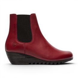 Fly London Damen-Burgundrote Leder-Chelsea-Stiefel mit Keilabsatz &ndash; ORFU496