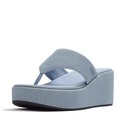 fitflop Damen Dianette "PLATFFORMS DENIM WEDGE TOE-POST SANDALS", Gr. 42, blau, Textil, unifarben, Schuhe, Plateau, Zehensteg, Sommerschuh mit