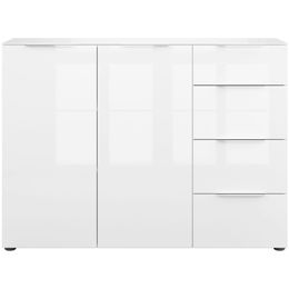 Highboard MANJANA M&Ouml;BEL, B:135cm H:98,7cm T:40cmwei&szlig; matt, wei&szlig;glas, metall chrom, Glas, Holzwerkstoff, Metall, Sicherheitsglas ESG, Wohnzimmer,