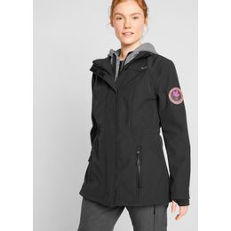 bonprix wasserabweisende Softshell-Longjacke 2 in 1-Optik, schwarz, Gr.38, Sportliche Softshell-&Uuml;bergangsjacke mit Sweatkapuze, aus Softshell