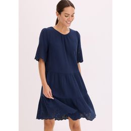 bonprix Kleid aus Musselin mit Lochstickerei, blau, Gr.48, Ein tolles Piece f&uuml;r den Sommer, aus 100% Baumwolle,Musselin