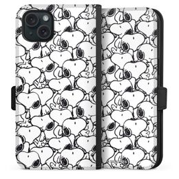 DeinDesign iPhone 15 Plus Handy Klapph&uuml;lle Handyh&uuml;lle aus Kunst Leder schwarz Flip Case Peanuts Snoopy Muster Sideflip mit Lasche