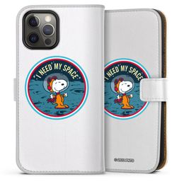 DeinDesign iPhone 12 Pro Max Handy Klapph&uuml;lle Handyh&uuml;lle aus Kunst Leder wei&szlig; Flip Case Peanuts Weltall Snoopy Sideflip mit Lasche