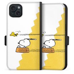 DeinDesign iPhone 15 Plus Handy Klapph&uuml;lle Handyh&uuml;lle aus Kunst Leder schwarz Flip Case Snoopy Peanuts Children Sideflip mit Lasche