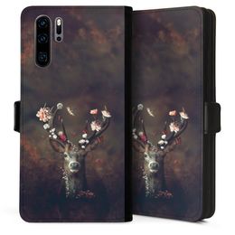 DeinDesign Huawei P30 Pro Handy Klapph&uuml;lle Handyh&uuml;lle aus Kunst Leder schwarz Flip Case Reindeer Flowers Rehe Sideflip mit langer Lasche