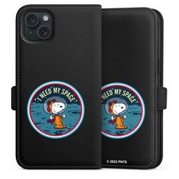 DeinDesign iPhone 15 Plus Handy Klapph&uuml;lle Handyh&uuml;lle aus Kunst Leder schwarz Flip Case Peanuts Weltall Snoopy Sideflip mit Lasche