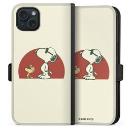 DeinDesign iPhone 15 Plus Handy Klapph&uuml;lle Handyh&uuml;lle aus Kunst Leder schwarz Flip Case Snoopy Official Licensed Product Kindheit Sideflip mit Lasche