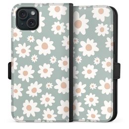 DeinDesign iPhone 15 Plus Handy Klapph&uuml;lle Handyh&uuml;lle aus Kunst Leder schwarz Flip Case Daisy Muster Flowers Sideflip mit Lasche