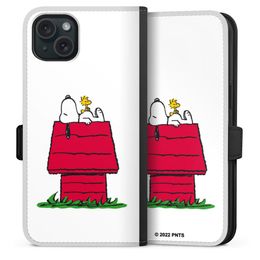 DeinDesign iPhone 15 Plus Handy Klapph&uuml;lle Handyh&uuml;lle aus Kunst Leder schwarz Flip Case Snoopy Peanuts Official Licensed Product Sideflip mit Lasche