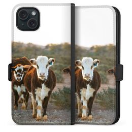 DeinDesign iPhone 15 Plus Handy Klapph&uuml;lle Handyh&uuml;lle aus Kunst Leder schwarz Flip Case Cow Farmer Calf Sideflip mit Lasche