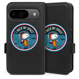 DeinDesign Google Pixel 9 Handy Klapph&uuml;lle Handyh&uuml;lle aus Kunst Leder schwarz Flip Case Peanuts Weltall Snoopy Sideflip mit Lasche
