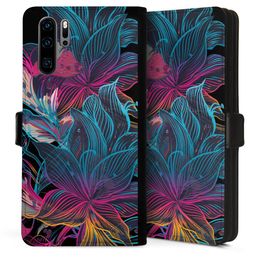 DeinDesign Huawei P30 Pro Handy Klapph&uuml;lle Handyh&uuml;lle aus Kunst Leder schwarz Flip Case Colourful Flowers Neon Sideflip mit langer Lasche