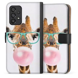 DeinDesign Galaxy A53 5G Handy Klapph&uuml;lle Handyh&uuml;lle aus Kunst Leder schwarz Flip Case Giraffe Animals Glasses Sideflip mit langer Lasche