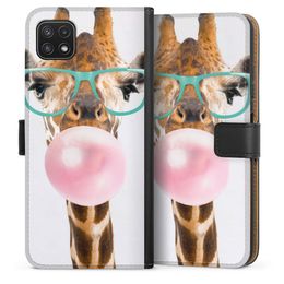 DeinDesign Galaxy A22 5G Handy Klapph&uuml;lle Handyh&uuml;lle aus Kunst Leder schwarz Flip Case Glasses Giraffe Animals Sideflip mit langer Lasche