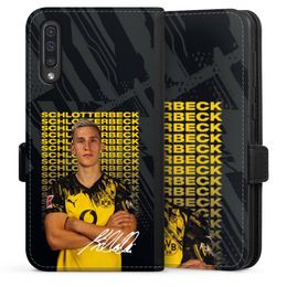DeinDesign Galaxy A50 Handy Klapph&uuml;lle Handyh&uuml;lle aus Kunst Leder schwarz Flip Case Borussia Dortmund Nico Schlotterbeck Bvb Sideflip mit Lasche