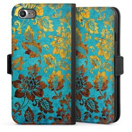 DeinDesign iPhone SE (2020) Handy Klapph&uuml;lle Handyh&uuml;lle aus Kunst Leder schwarz Flip Case Flowers Ornament Vintage Sideflip mit Lasche