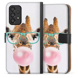 DeinDesign Galaxy A33 5G Handy Klapph&uuml;lle Handyh&uuml;lle aus Kunst Leder schwarz Flip Case Glasses Giraffe Animals Sideflip mit langer Lasche