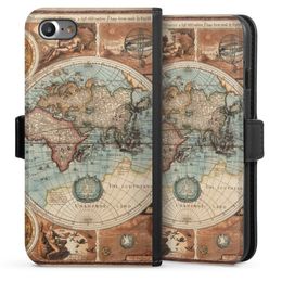 DeinDesign iPhone SE (2020) Handy Klapph&uuml;lle Handyh&uuml;lle aus Kunst Leder schwarz Flip Case World Map Vintage Map Sideflip mit Lasche