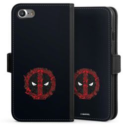 DeinDesign iPhone SE (2020) Handy Klapph&uuml;lle Handyh&uuml;lle aus Kunst Leder schwarz Flip Case Deadpool Marvel Logo Sideflip mit Lasche