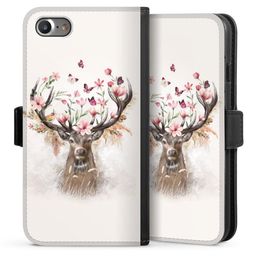 DeinDesign iPhone SE (2020) Handy Klapph&uuml;lle Handyh&uuml;lle aus Kunst Leder schwarz Flip Case Flowers Deer Animals Sideflip mit Lasche