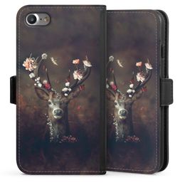 DeinDesign iPhone SE (2020) Handy Klapph&uuml;lle Handyh&uuml;lle aus Kunst Leder schwarz Flip Case Rehe Reindeer Flowers Sideflip mit Lasche