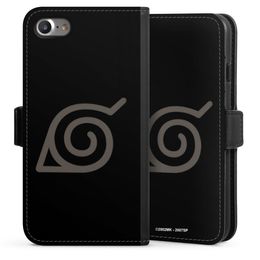DeinDesign iPhone SE (2022) Handy Klapph&uuml;lle Handyh&uuml;lle aus Kunst Leder schwarz Flip Case Naruto Shippuden Logo Konoha Sideflip mit Lasche