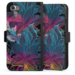 DeinDesign iPhone SE (2022) Handy Klapph&uuml;lle Handyh&uuml;lle aus Kunst Leder schwarz Flip Case Colourful Neon Flowers Sideflip mit Lasche