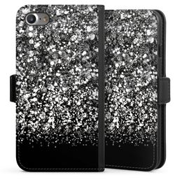 DeinDesign iPhone SE (2020) Handy Klapph&uuml;lle Handyh&uuml;lle aus Kunst Leder schwarz Flip Case Glitzer Snowflake Muster Sideflip mit Lasche
