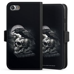 DeinDesign iPhone SE (2020) Handy Klapph&uuml;lle Handyh&uuml;lle aus Kunst Leder schwarz Flip Case Skull Raven Skulls Sideflip mit Lasche