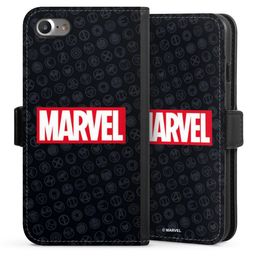 DeinDesign iPhone SE (2020) Handy Klapph&uuml;lle Handyh&uuml;lle aus Kunst Leder schwarz Flip Case Logo Comic Marvel Sideflip mit Lasche