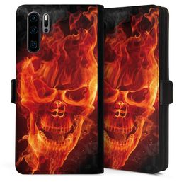 DeinDesign Huawei P30 Pro Handy Klapph&uuml;lle Handyh&uuml;lle aus Kunst Leder schwarz Flip Case Totenkopf Skull Fire Sideflip mit langer Lasche