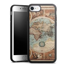 DeinDesign iPhone SE (2020) Handy Gallery Case Handyh&uuml;lle 9H Geh&auml;rtetes Glas R&uuml;ckseite H&uuml;lle World Map Vintage Map Gallery Case