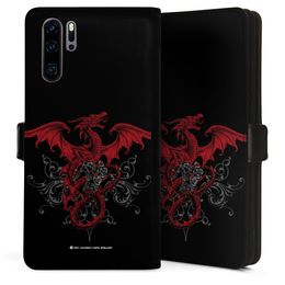 DeinDesign Huawei P30 Pro Handy Klapph&uuml;lle Handyh&uuml;lle aus Kunst Leder schwarz Flip Case Red Dragon Gothic Sideflip mit langer Lasche