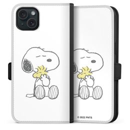 DeinDesign iPhone 15 Plus Handy Klapph&uuml;lle Handyh&uuml;lle aus Kunst Leder schwarz Flip Case Snoopy Love Peanuts Sideflip mit Lasche
