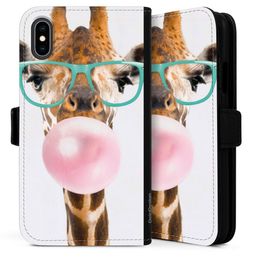 DeinDesign iPhone X Handy Klapph&uuml;lle Handyh&uuml;lle aus Kunst Leder schwarz Flip Case Giraffe Animals Glasses Sideflip mit langer Lasche