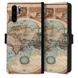 DeinDesign Huawei P30 Pro Handy Klapph&uuml;lle Handyh&uuml;lle aus Kunst Leder schwarz Flip Case Vintage Map World Map Sideflip mit langer Lasche